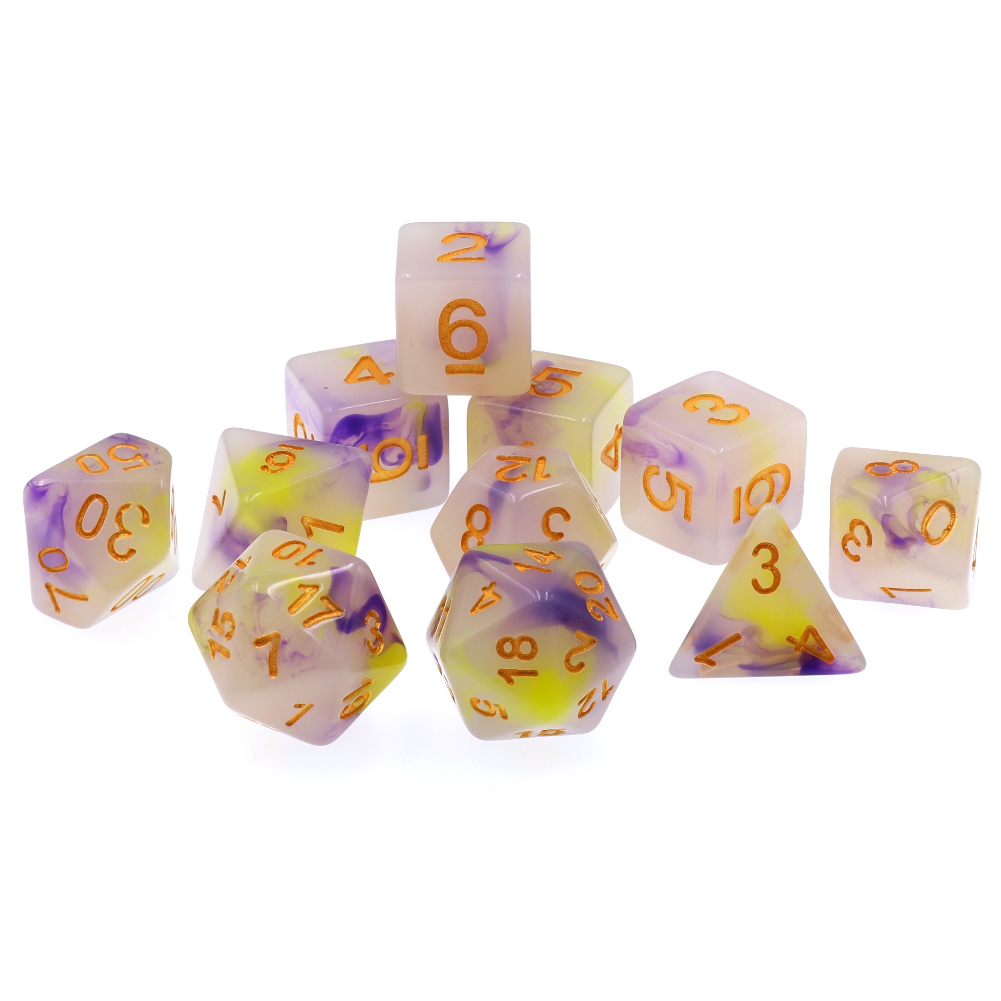 11 pcs (Yellow+Purple) Jade Dice Set,11 pcs Opalescence Dice Set