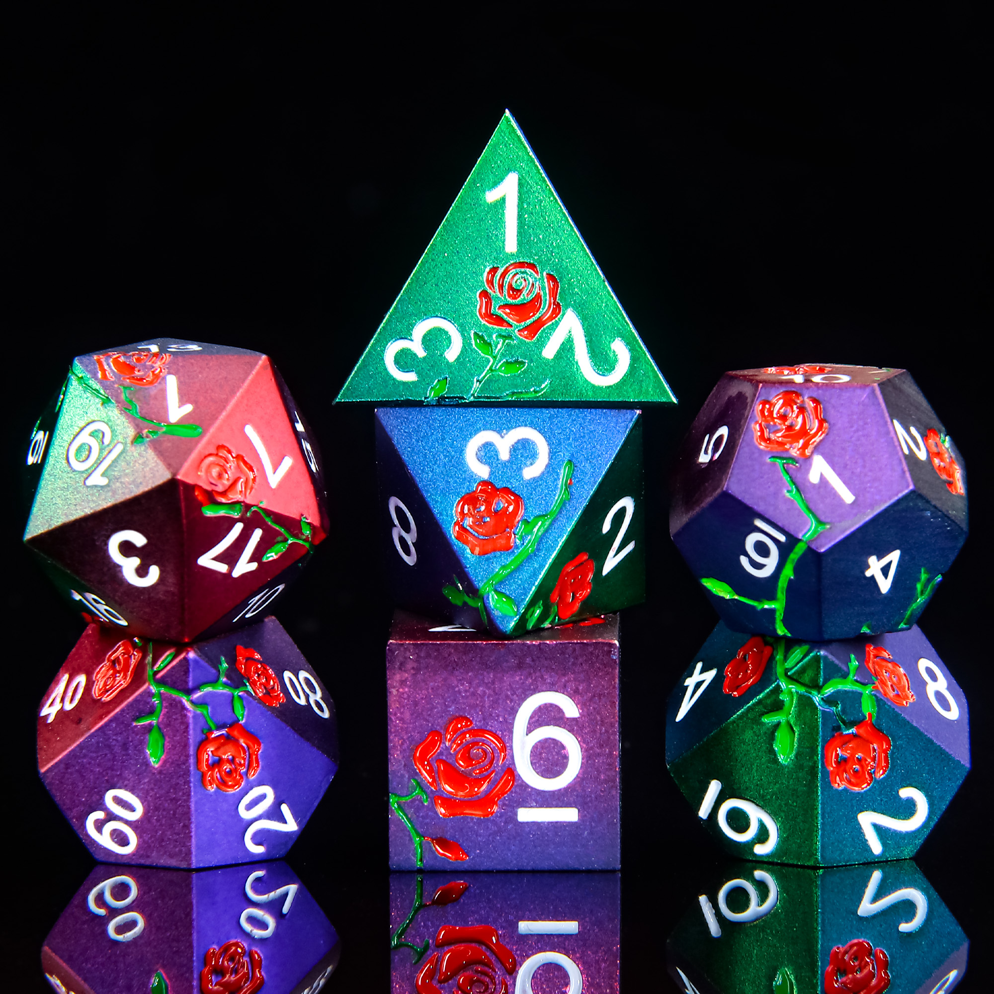 Metal Rose Dice-Rainbow Iridescent dice w Red rose